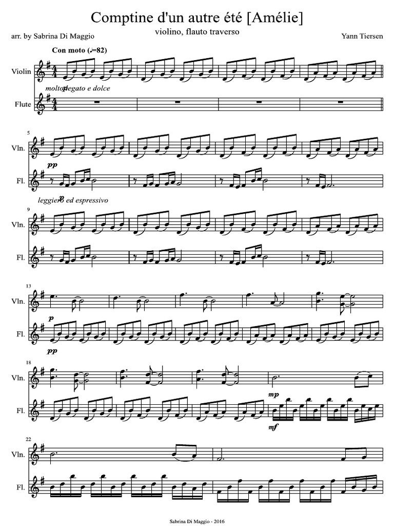 Comptine Dun Autre Ete Amelie Flute Violin Yann Tiersen Pdf