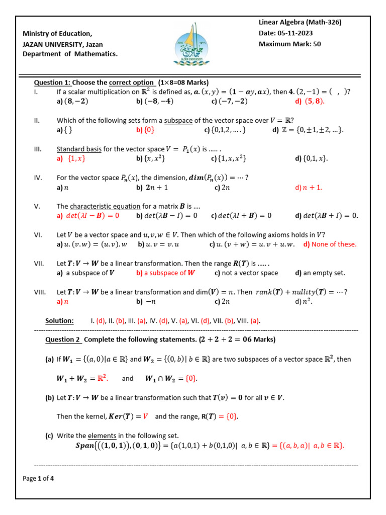 Sol of Final Exam, LA (CS), Math 326, 20241 | PDF | Eigenvalues And Eigenvectors | Linear Subspace
