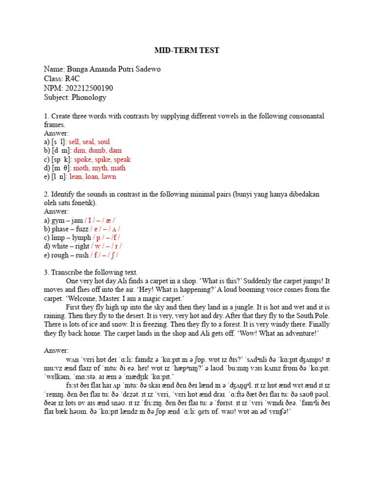 Bunga Amanda Putri Sadewo (202212500190) PHONOLOGHY MID-TERM TEST | PDF