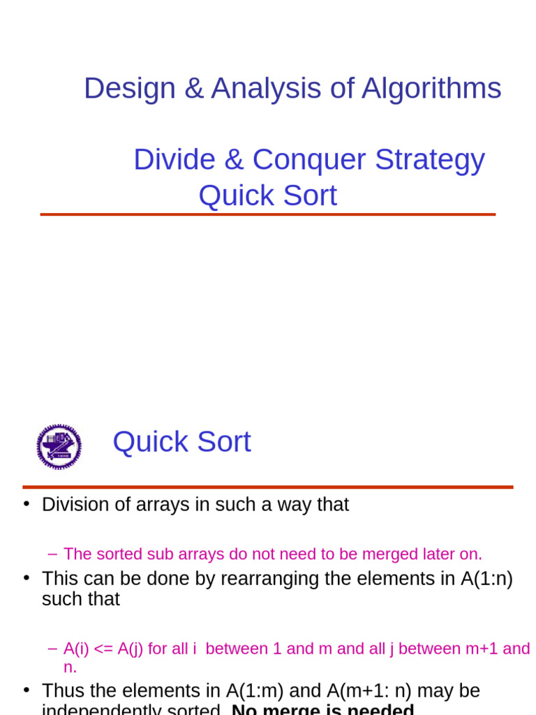 Lecture Slide 8 DAA - Handout-Divide & Conquer - Quick Sort | PDF | Algorithms And Data ...