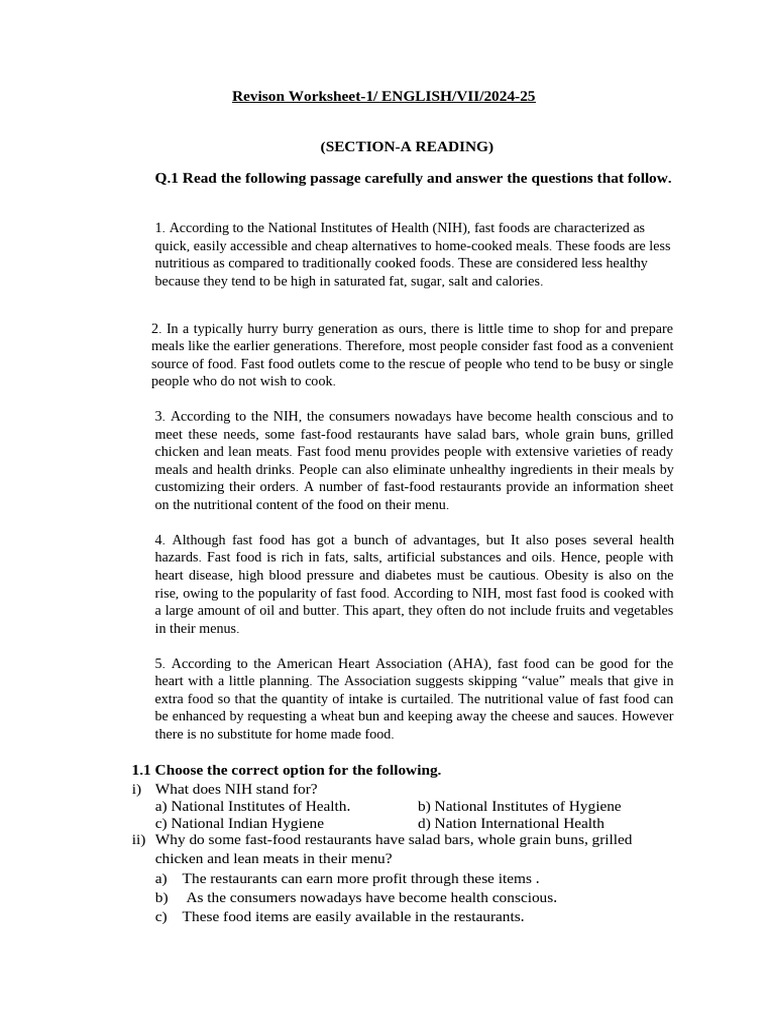 Class 7 English WS 1 | PDF | Fast Food | Foods