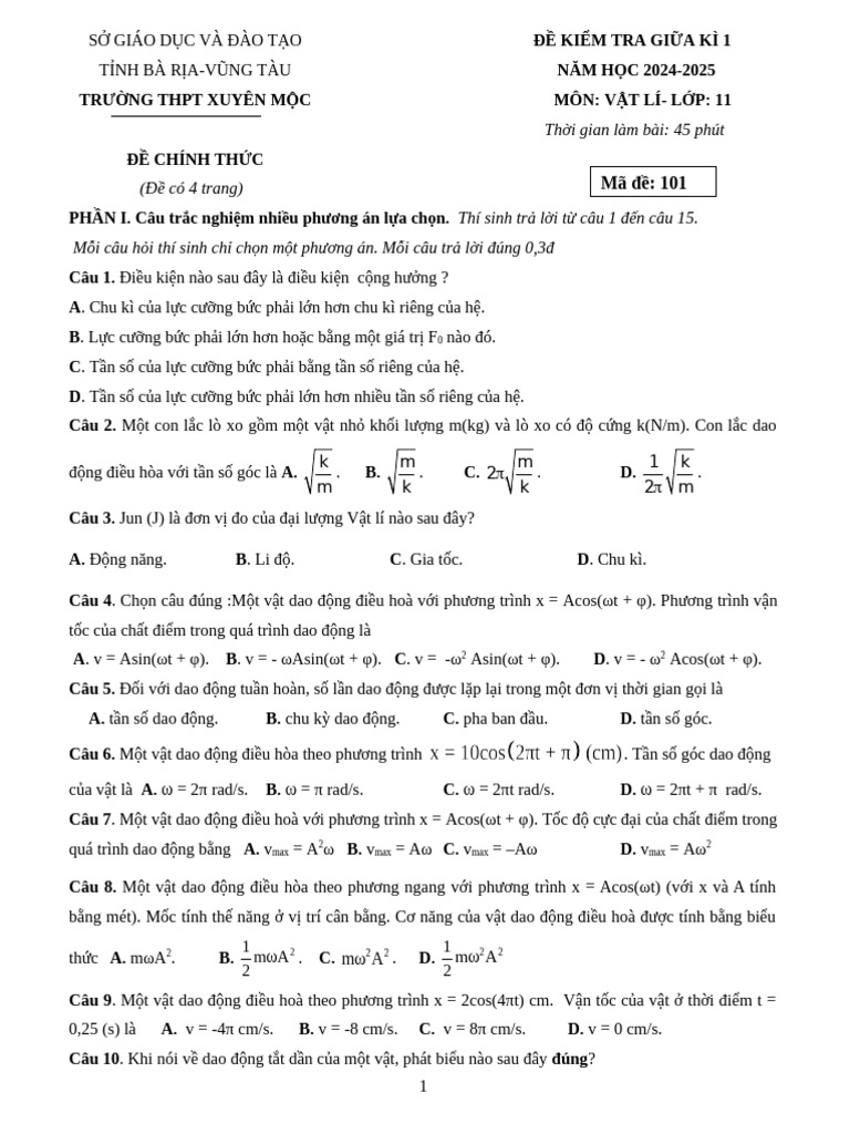 ĐỀ KTGK 1 mã 101 | PDF