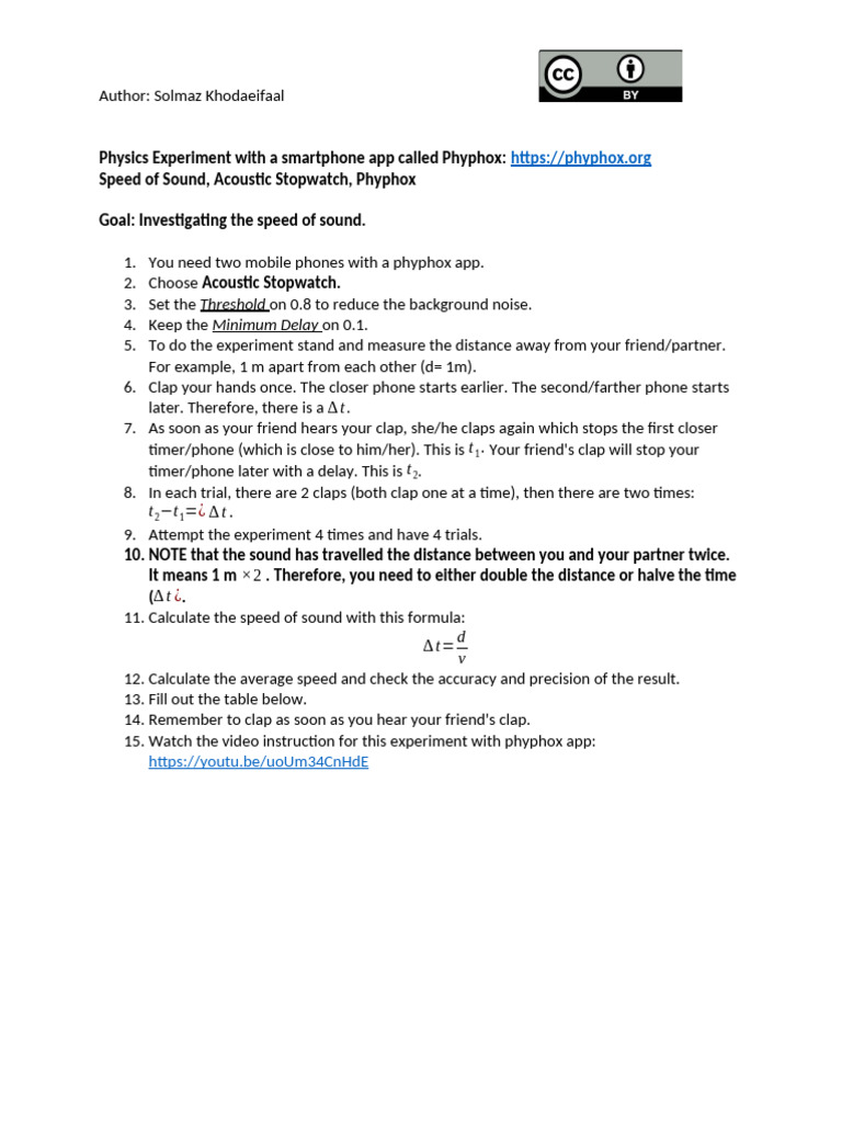 Phyphox Experiment: Speed of Sound Worksheet | PDF