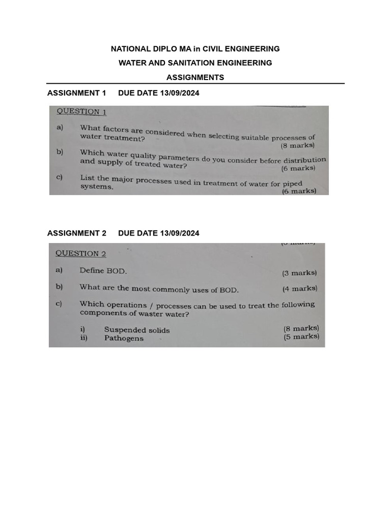 Water and Sanitation Engineering Theory and Practical Assignments | PDF