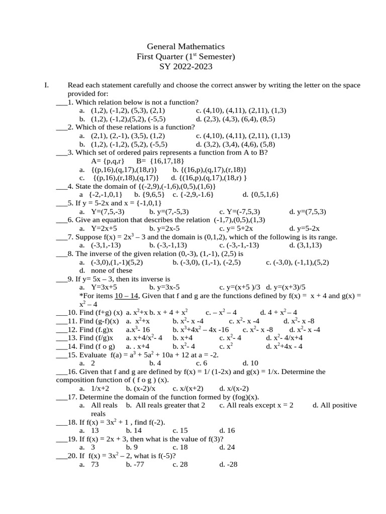 General Mathematics Summative Test 1st Quarter | PDF | Logarithm ...
