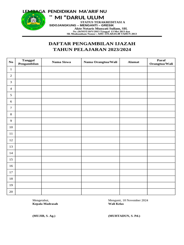 Daftar Hadir Pengambilan Ijazah Dan Vandel Tahun Pelajaran 2023-2024 - 055924 | PDF