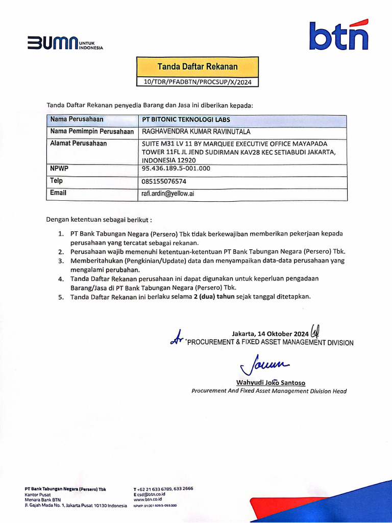 Surat Tanda Daftar Rekanan BTN - PT BITONIC TEKNOLOGI LABS | PDF