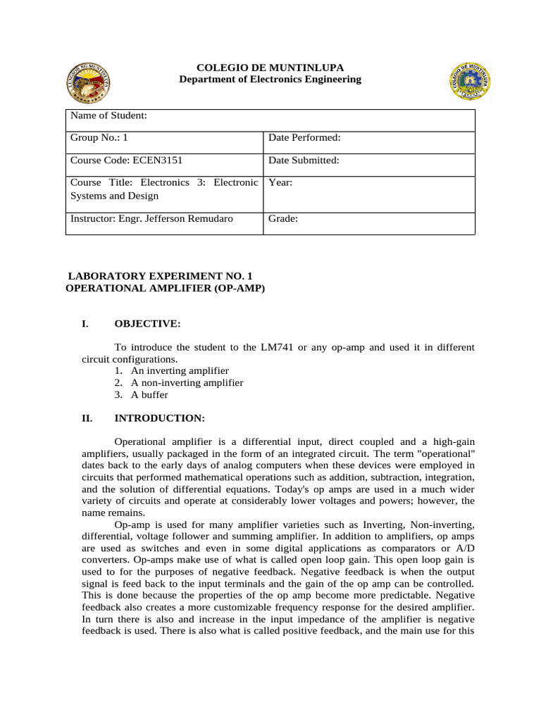 Lab 1 - Op-Amp - Experiment (Inverting & Non-Inverting) | PDF ...