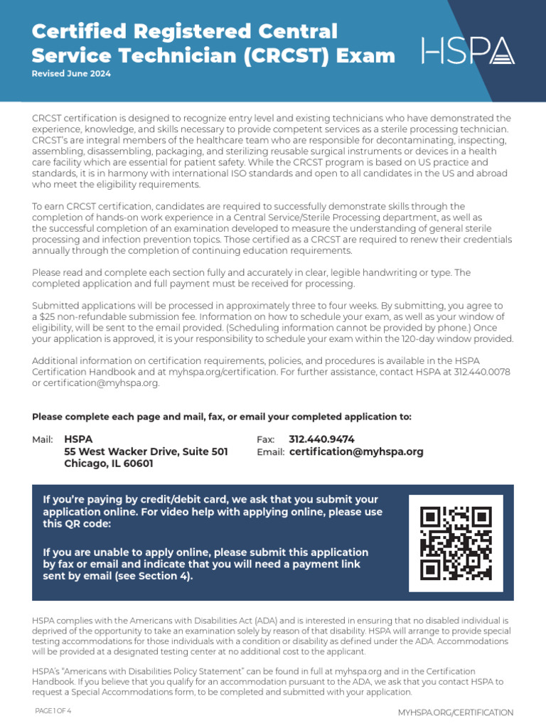 HSPA CRCST Exam Application Guide | PDF | Sterilization (Microbiology ...