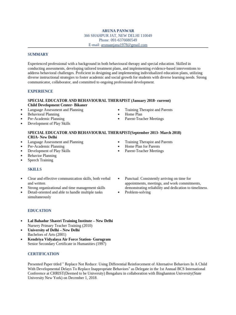 ARUNA PANWAR | PDF | Individualized Education Program | Behavior Modification