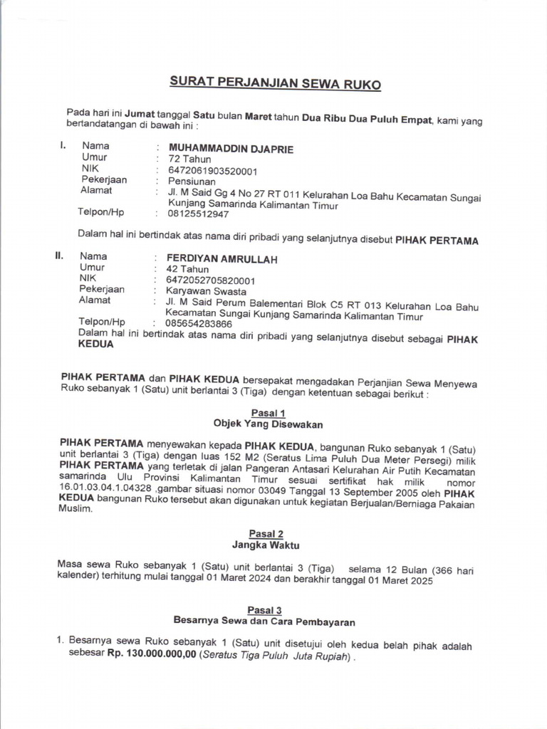 Surat Perjanjian Sewa Ruko | PDF