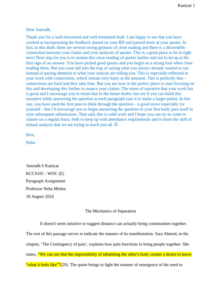 Anirudh - WOC-E - Paragraph Assignment - FD - NM Comments | PDF | Self ...