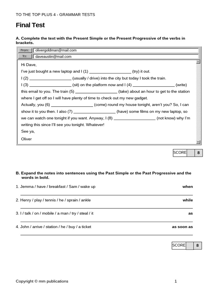 To The Top Plus 4 Grammar Final Test | PDF | Job Interview