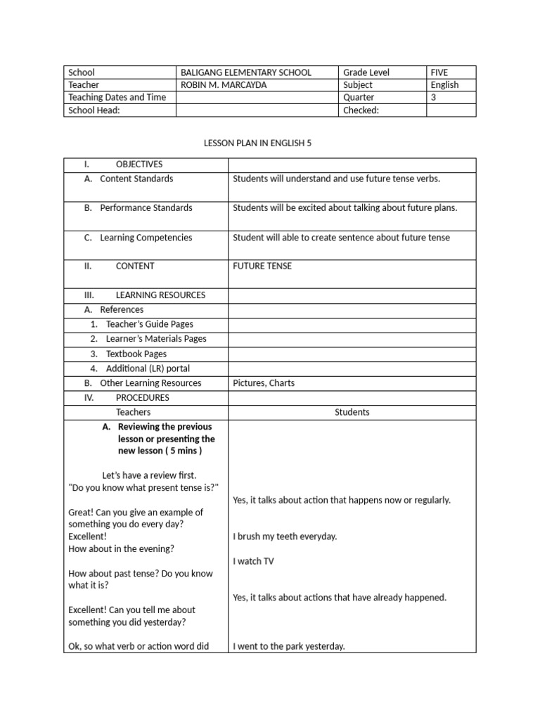 Future Tense Lesson Plan for Grade 5 | PDF | Grammatical Tense | Lesson ...