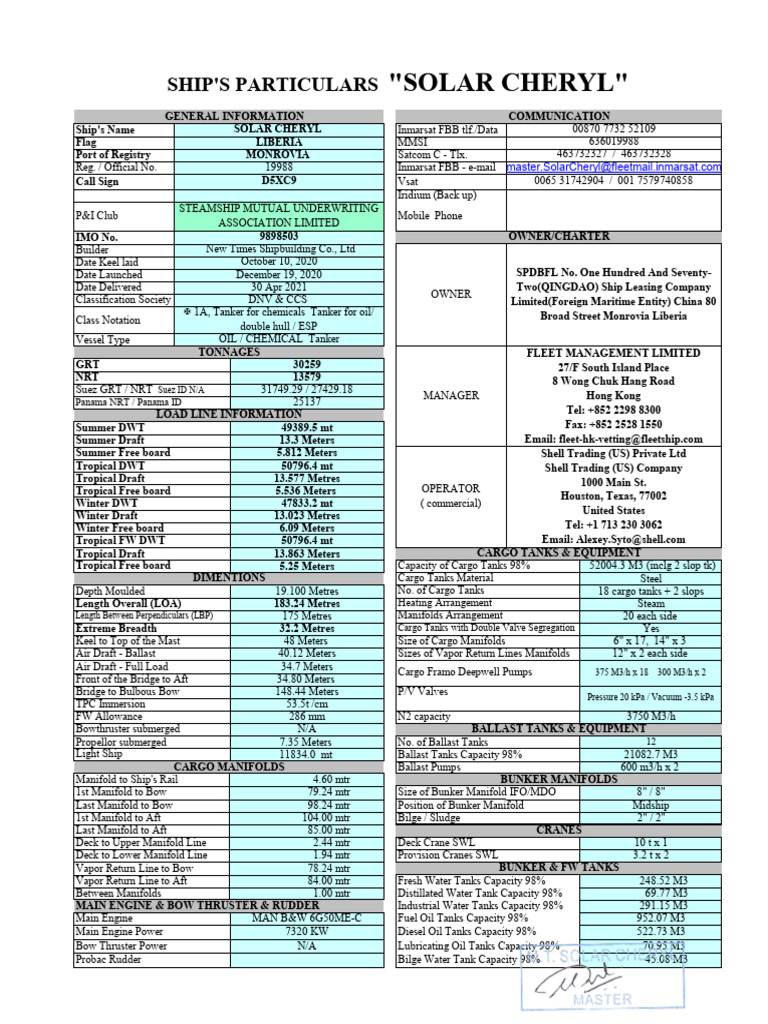 Ship Particulars - Solar Cheryl | PDF | Ships | Water Transport