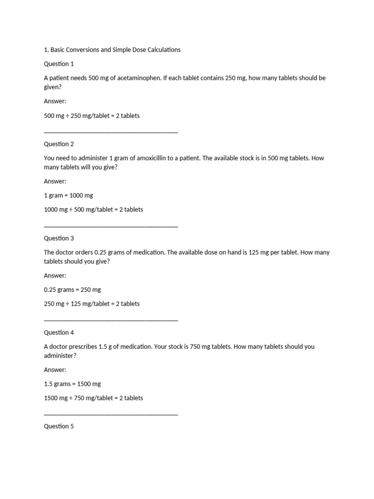 Med.calculation | PDF | Chemistry | Dose (Biochemistry)