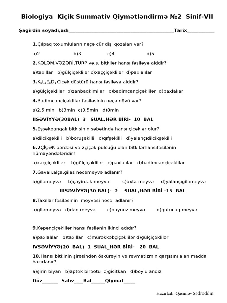 Biologiya KSQ 2 7 Sinif | PDF