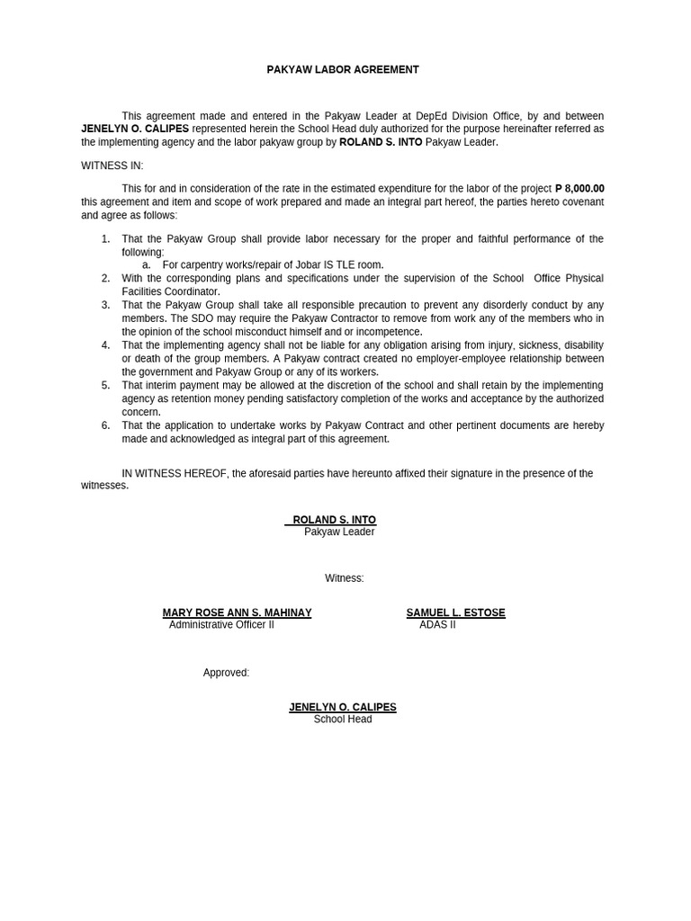 Pakyaw Labor Agreement Into | PDF | Private Law | Justice