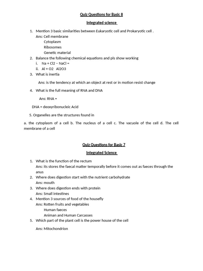 Quiz Questions For Both Basic 8 and 9 | PDF
