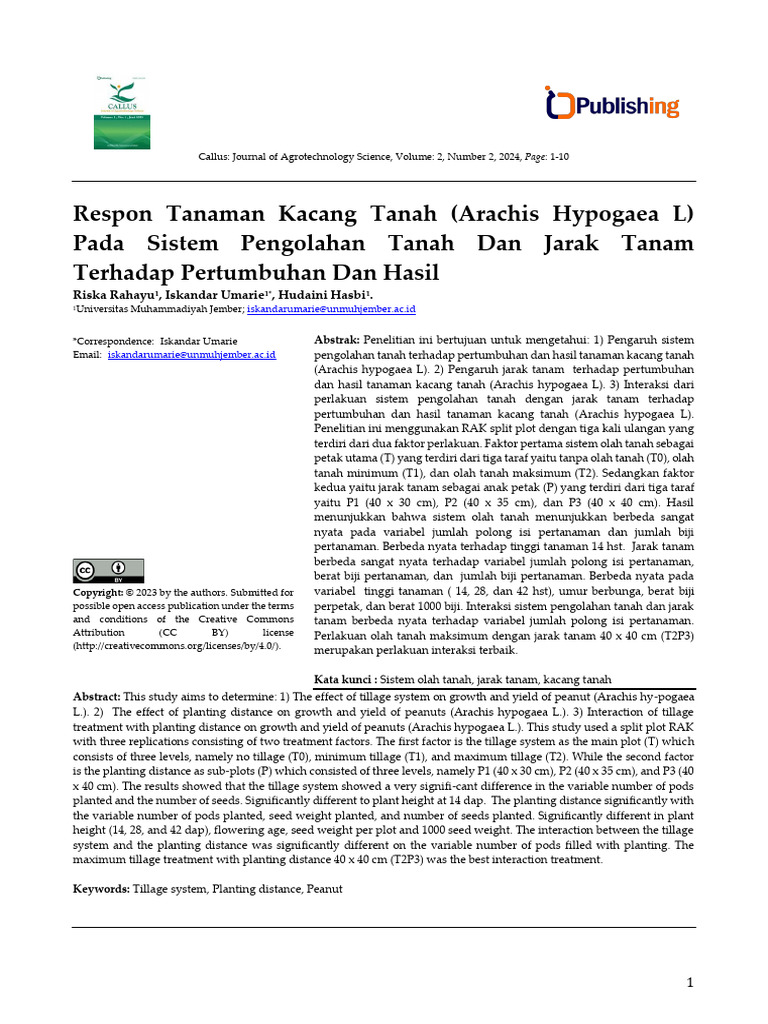 Jurnal Respon Tanaman Kacang Tanah (Arachis Hypogaea L) Pada Sistem Pengolahan Tanah Dan Jarak ...