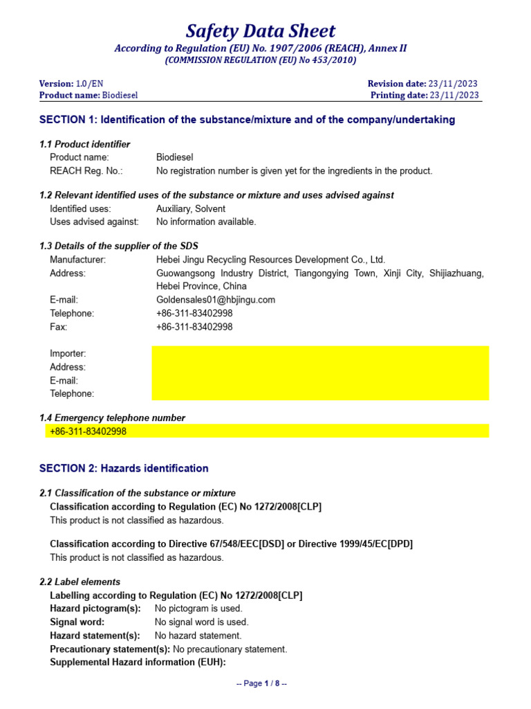 Biodiesel Safety Data Sheet | PDF | Firefighting | Personal Protective ...