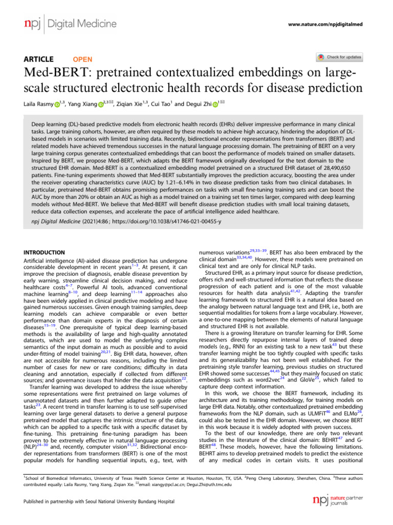 Med-BERT: Pretrained Contextualized Embeddings On Large-Scale Structured Electronic Health ...