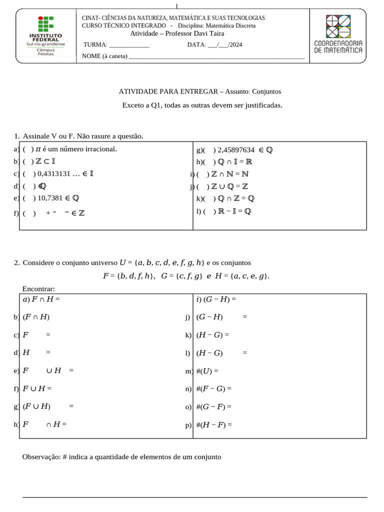 Atividade Complementar Conjuntos | PDF | Matemática