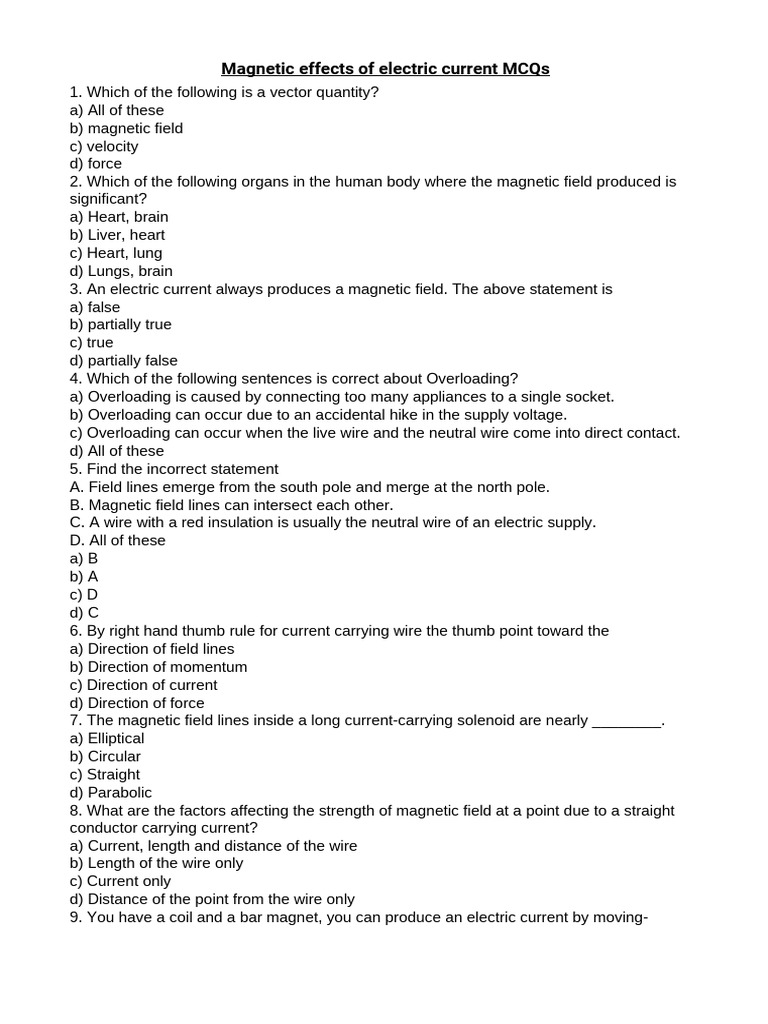 Magnetic Effects of Electric Current MCQs | PDF | Inductor | Electromagnetic Induction