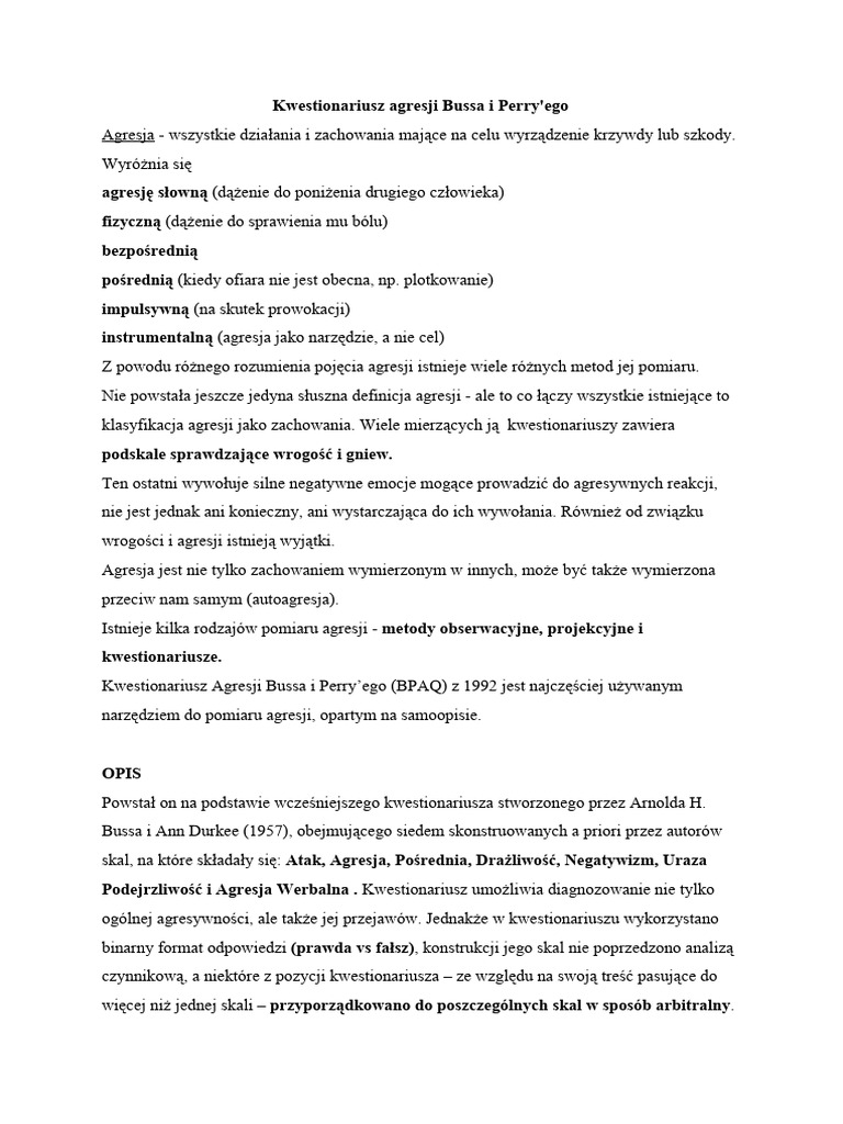 Kwestionariusz Agresji Bussa I Perry'Ego | PDF