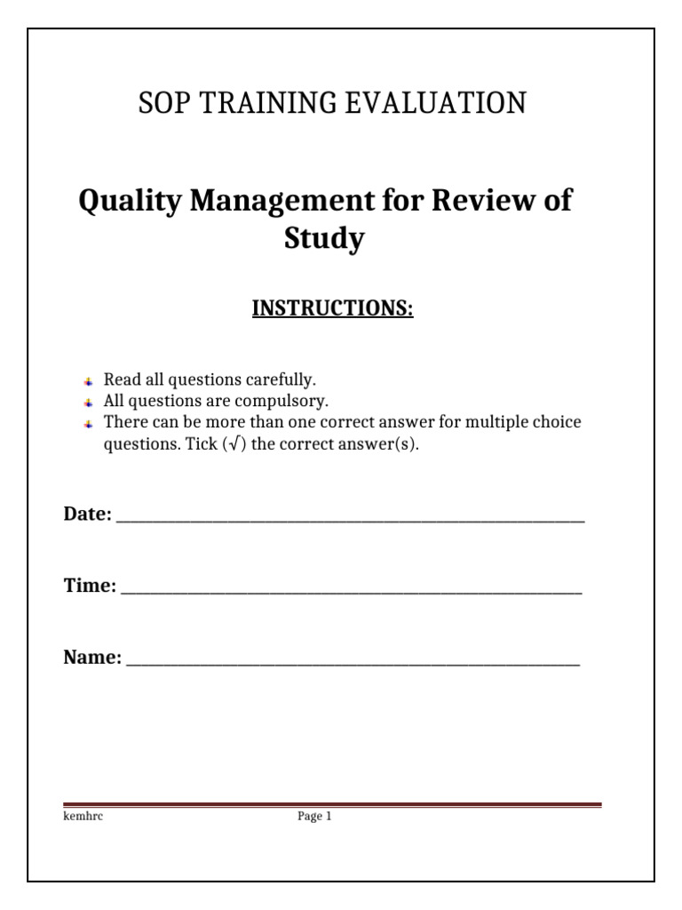 Question Paper Template For SOP Training Evaluation - Quality ...