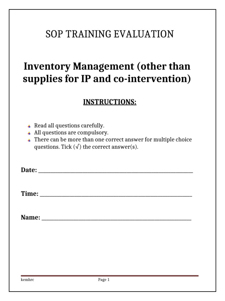 Question Paper Template For SOP Training Evaluation - Inventory ...