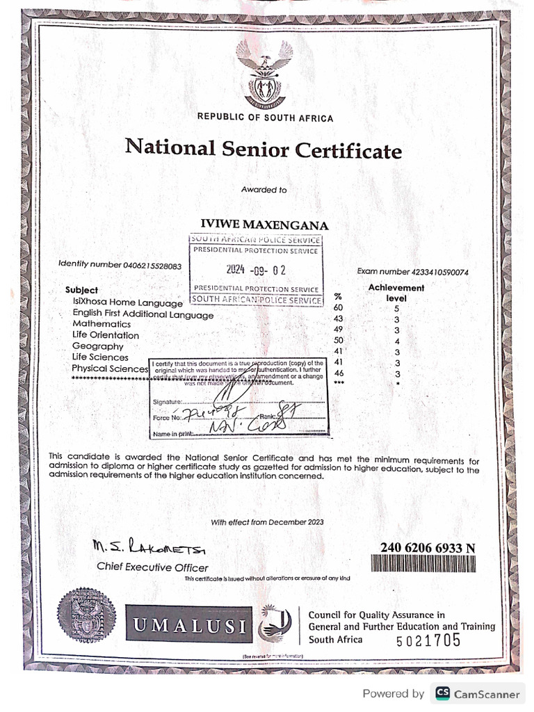 Matric Certificate | PDF