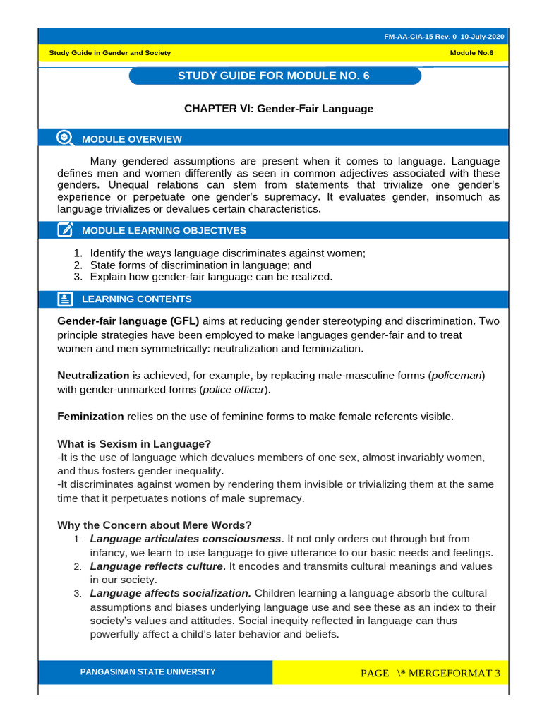 GEE2 Module 6 - Gender Fair Language | PDF | Gender | Gender Studies