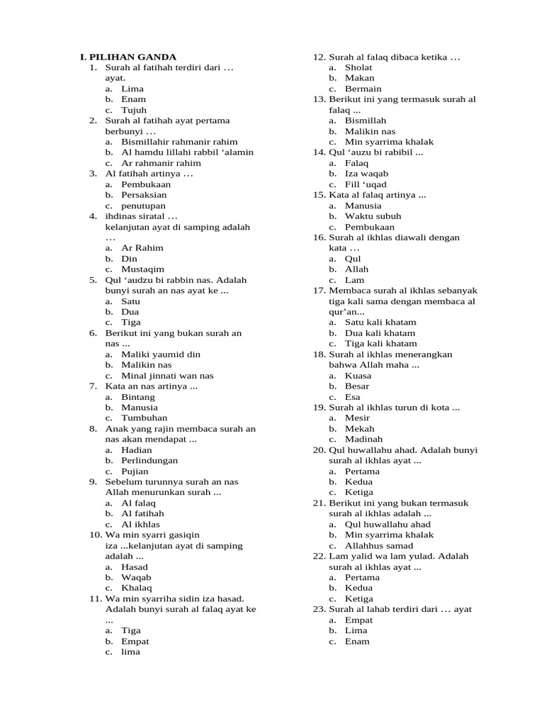 Soal PS 1 Al Quran Hadist Kelas 1 Yuni | PDF