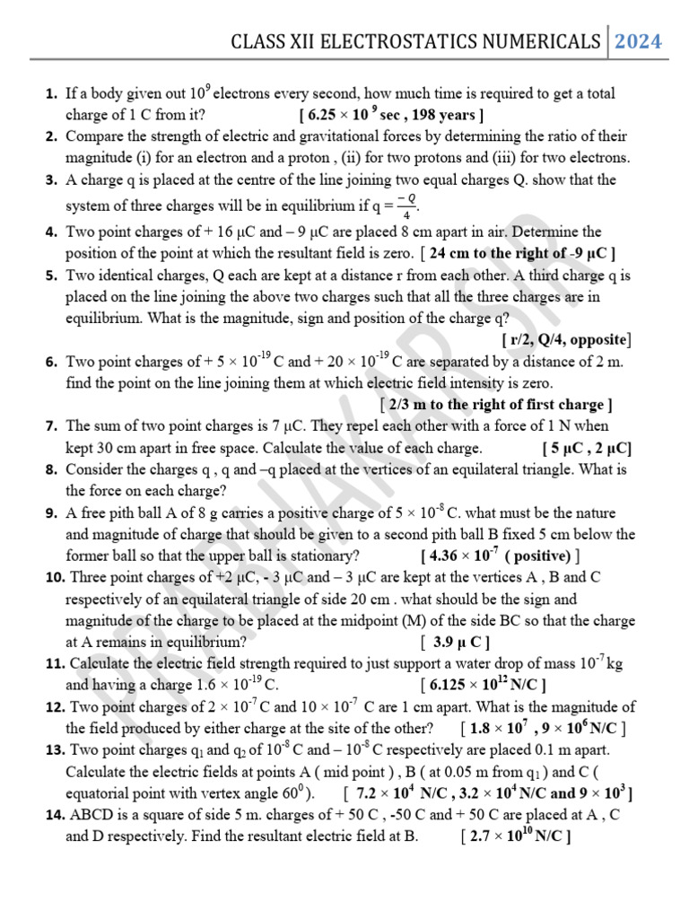 Class Xii CH 1 Electrostatics Numericals 2024 | PDF | Force | Electron