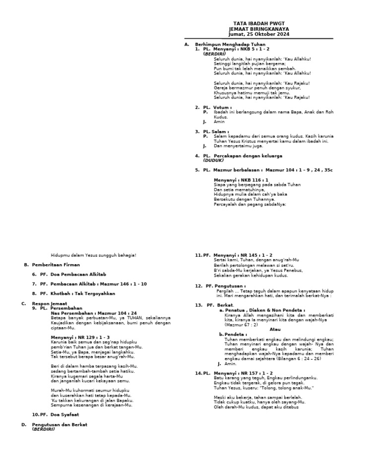 Tata Ibadah PWGT JB (Jumat, 25 Oktober 2024) | PDF