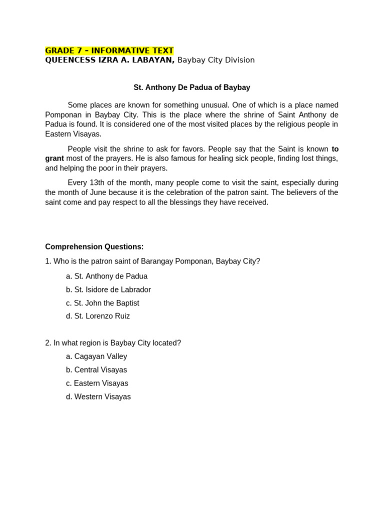 Grade 7 - Informational Text | PDF | Travel