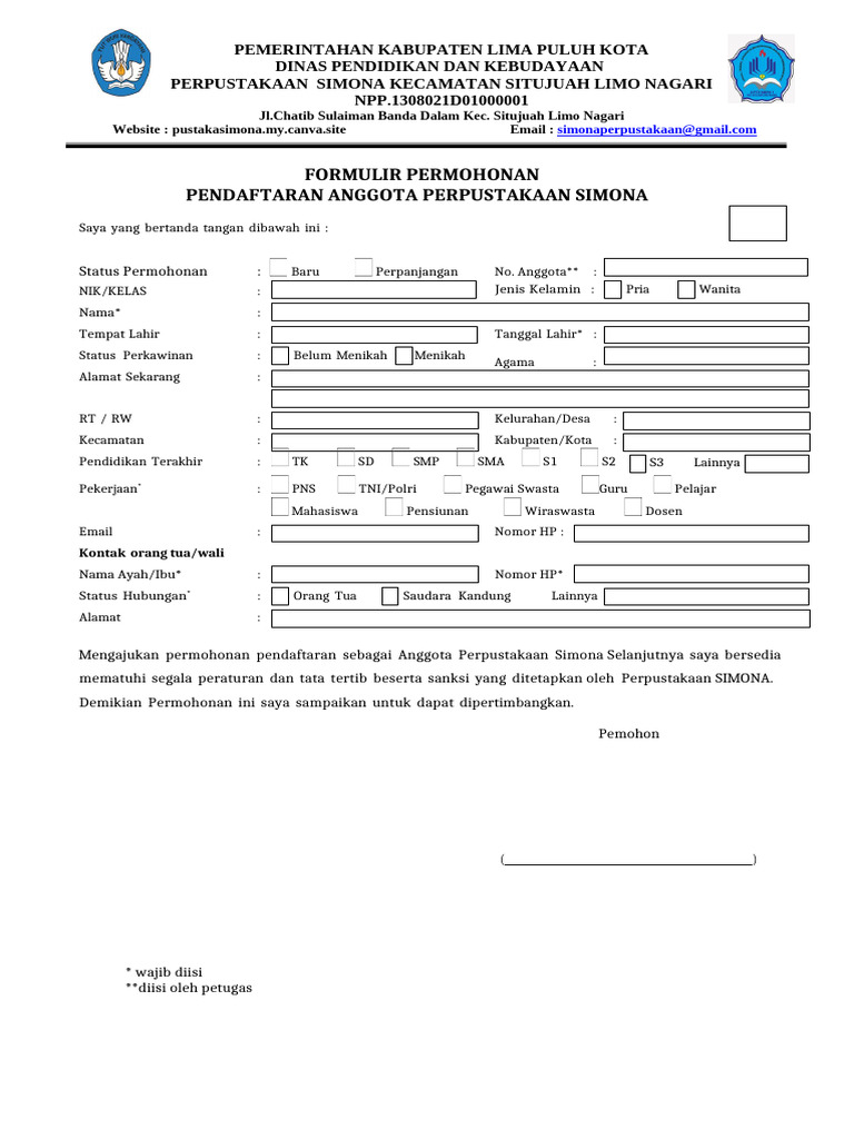 Formulir Pendaftaran Anggota Perpustakaan Kalbar | PDF