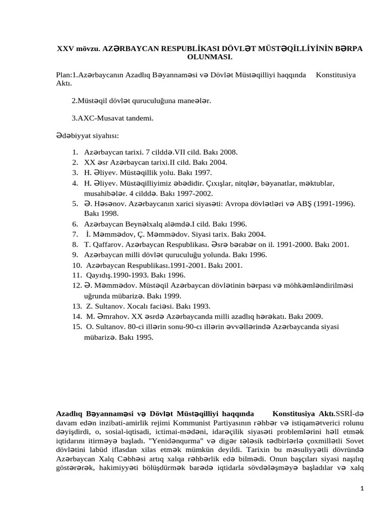 XXV Mövzu. AZ Rbaycan Respublikasi Dövl T Müst Qilliyinin B RPA Olunmasi | PDF