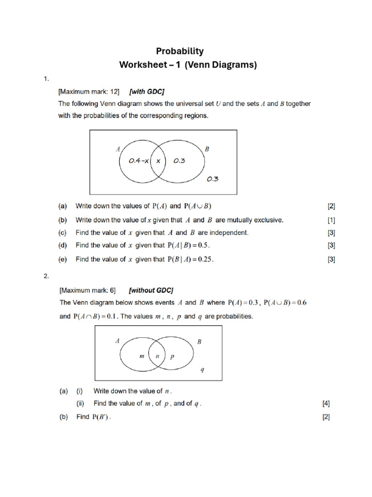 Probability 1 Worksheet | PDF