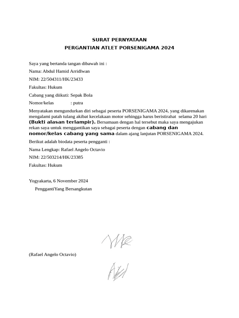SURAT PERNYATAAN PERGANTIAN ATLET PSG 24 Rafael Vio - Docx - 20241108 - 173711 - 0000 | PDF | Hukum