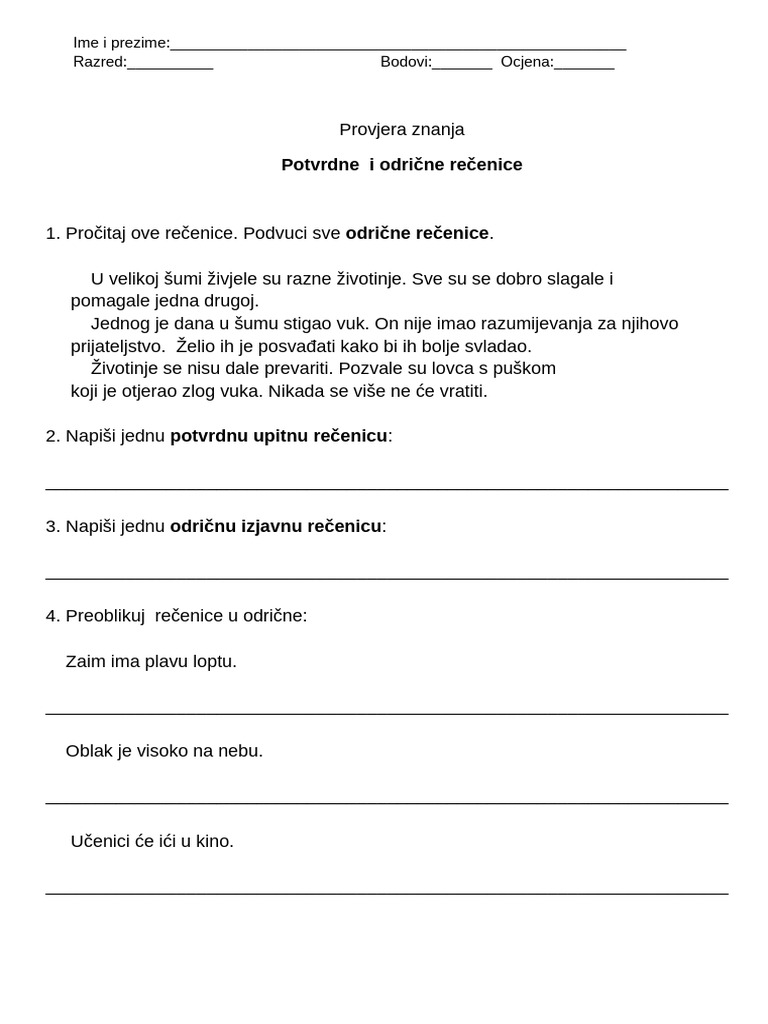 POTVRDNE I ODRIČNE REČENICE - PROVJERA (2) Bosanski | PDF