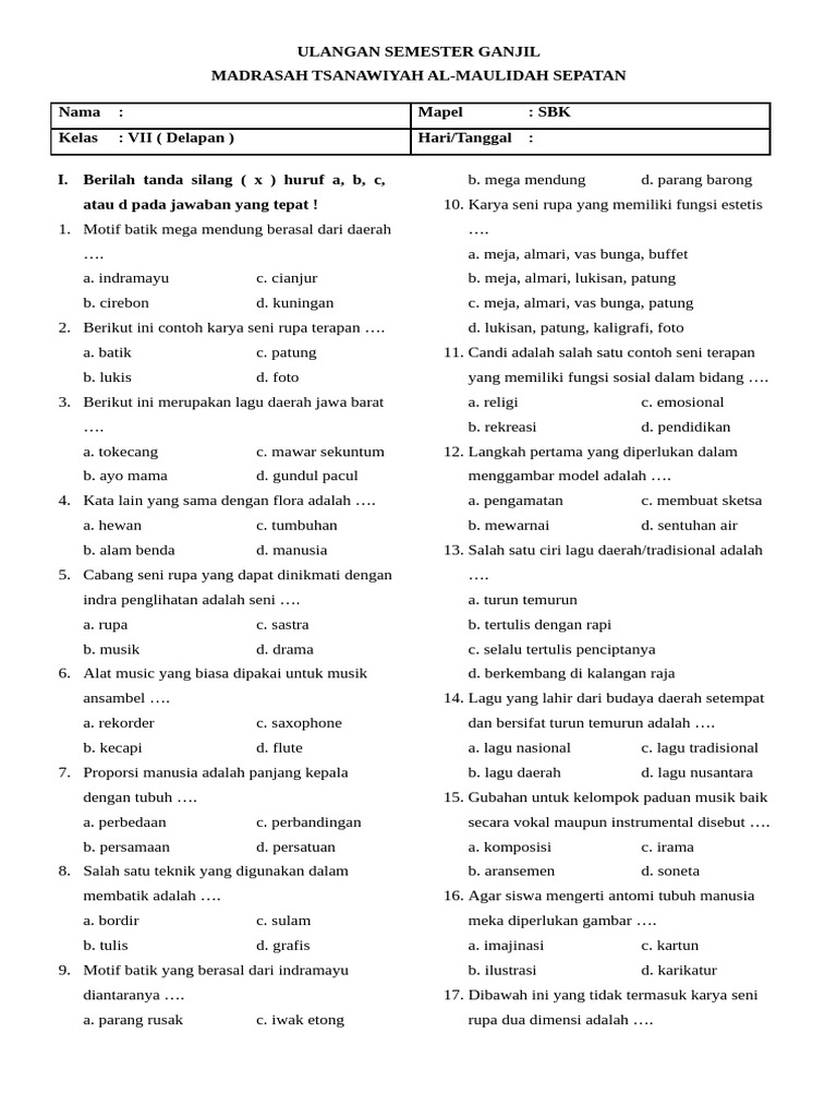 Soal SBK Kls - 8-USG - 25-11-2024 | PDF | Seni & Disiplin Bahasa | Seni