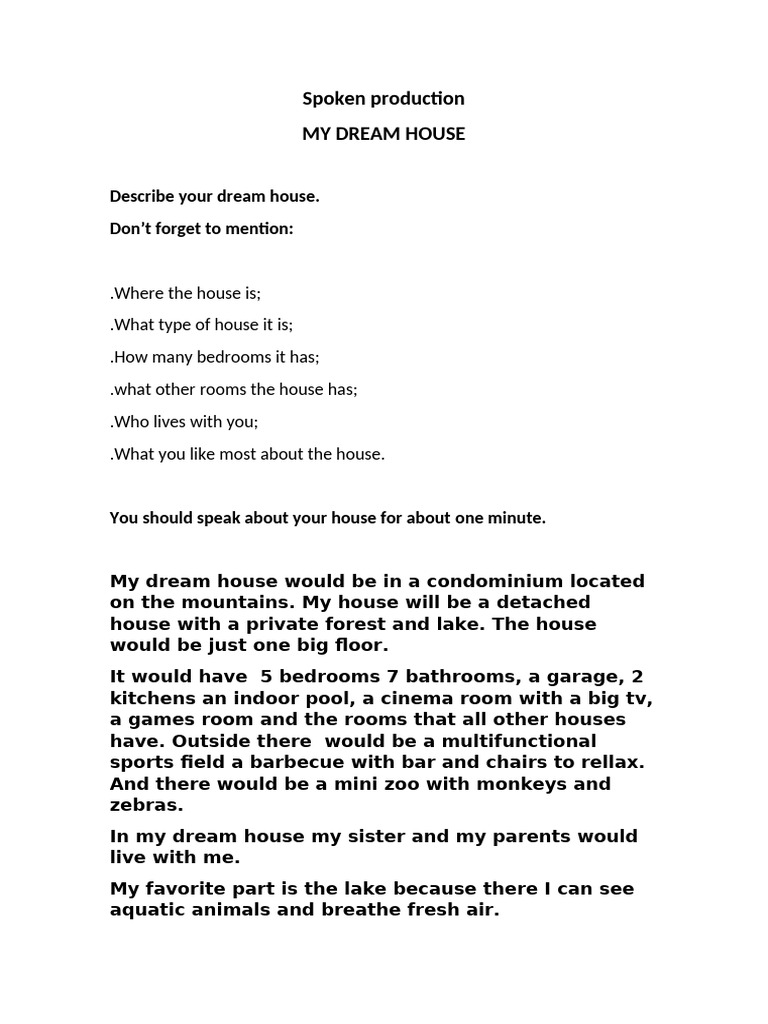 Spoken Production - My Dream House 1 | PDF | Cooking, Food & Wine