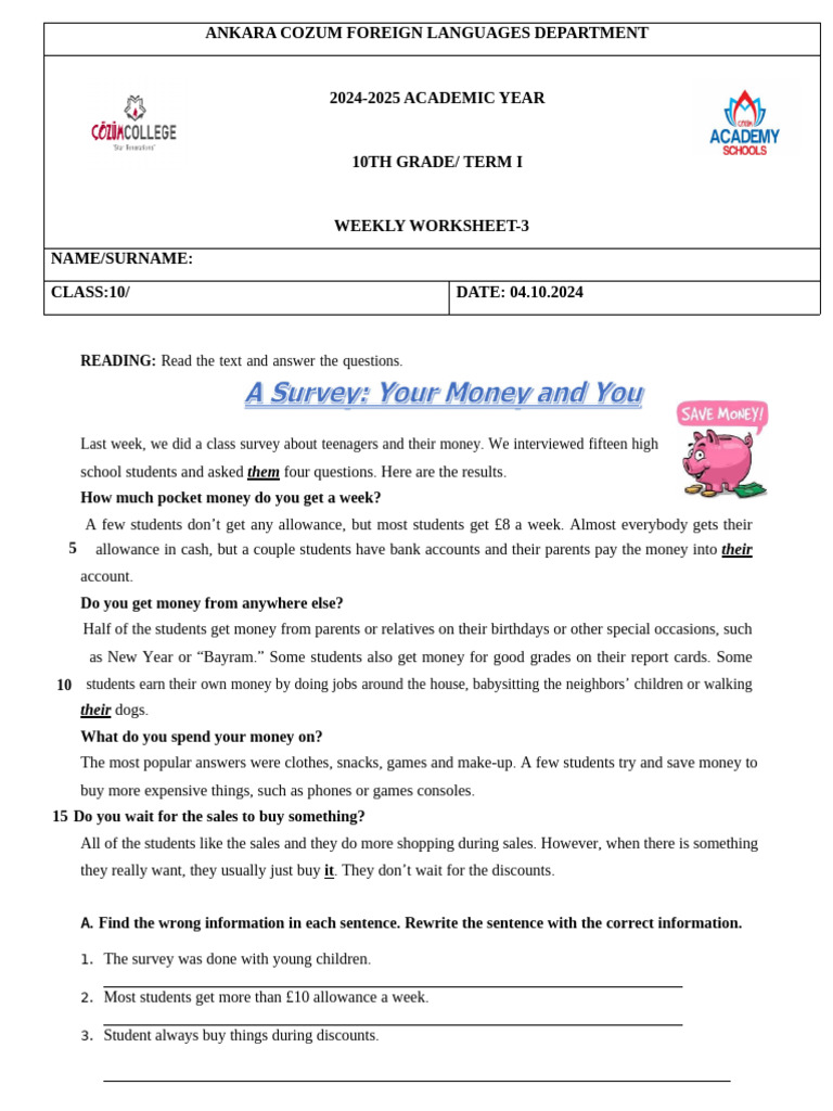 10th Grade Weekly Worksheet on Money | PDF