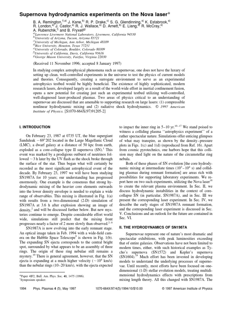 B. A. Remington Et Al - Supernova Hydrodynamics Experiments On The Nova ...