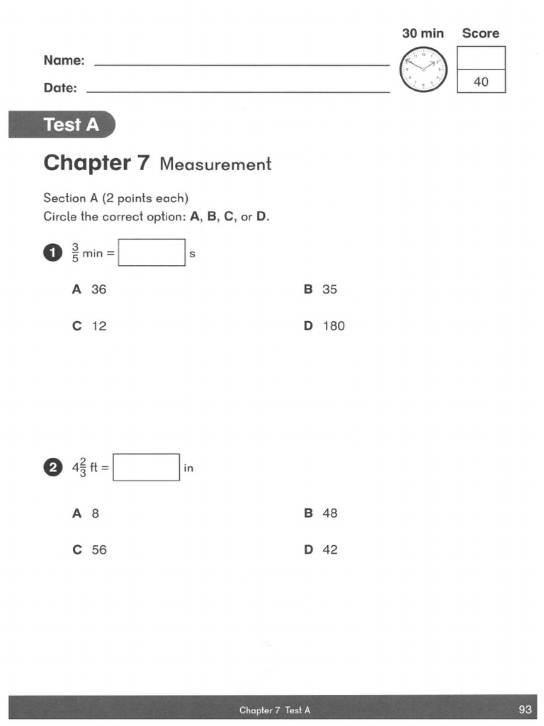 Math Test 5A CH 07 Test A | PDF