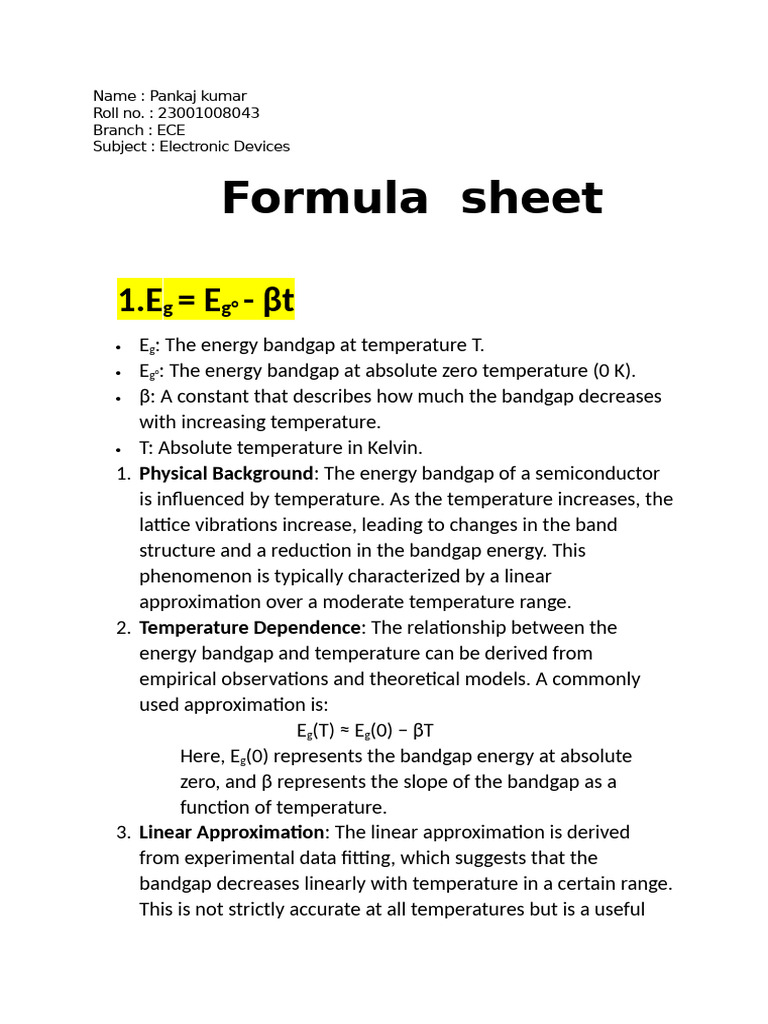 Ed Formula Sheet-2 | PDF | Diffusion | Electrical Resistivity And ...