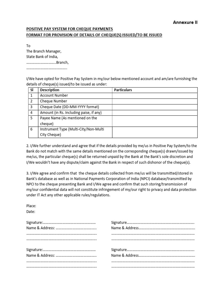 SBI Positive Pay System Form | PDF | Business | Finance & Money Management