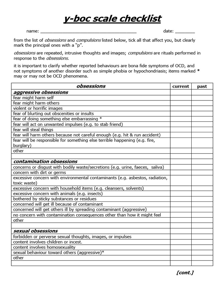 Y-BOCS OCD Assessment Checklist | PDF | Obsessive–Compulsive Disorder ...